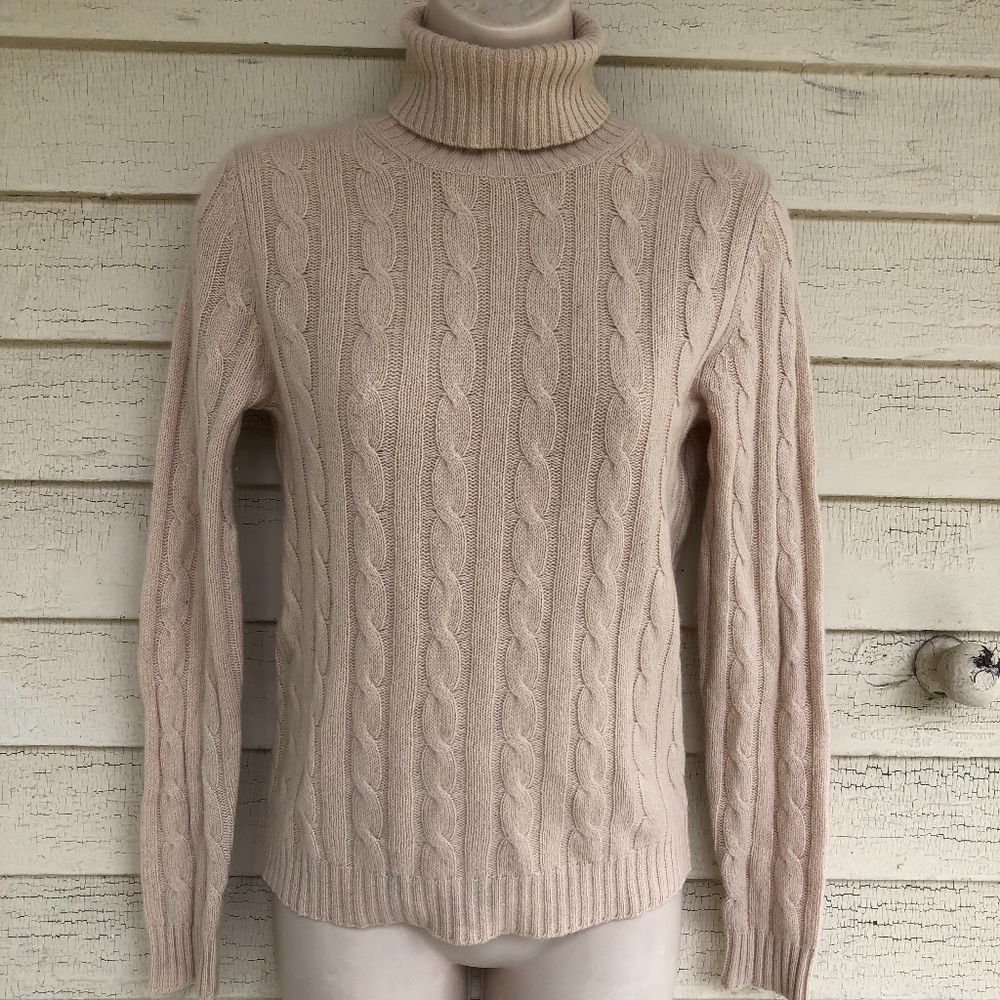 Grace Cashmere Tan Cable Knit Turtleneck Sweater - Gem